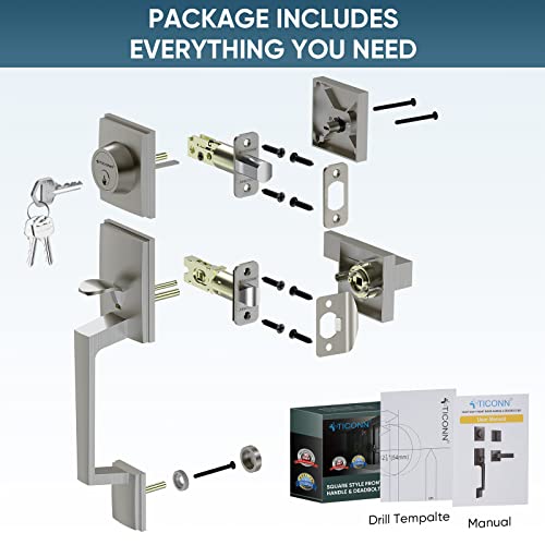 TICONN Front Door Handle Set, Heavy Duty Square Door Lever & Single Cylinder Deadbolt Combo Reversible for Entrance Exterior Doors (Satin Nickel)