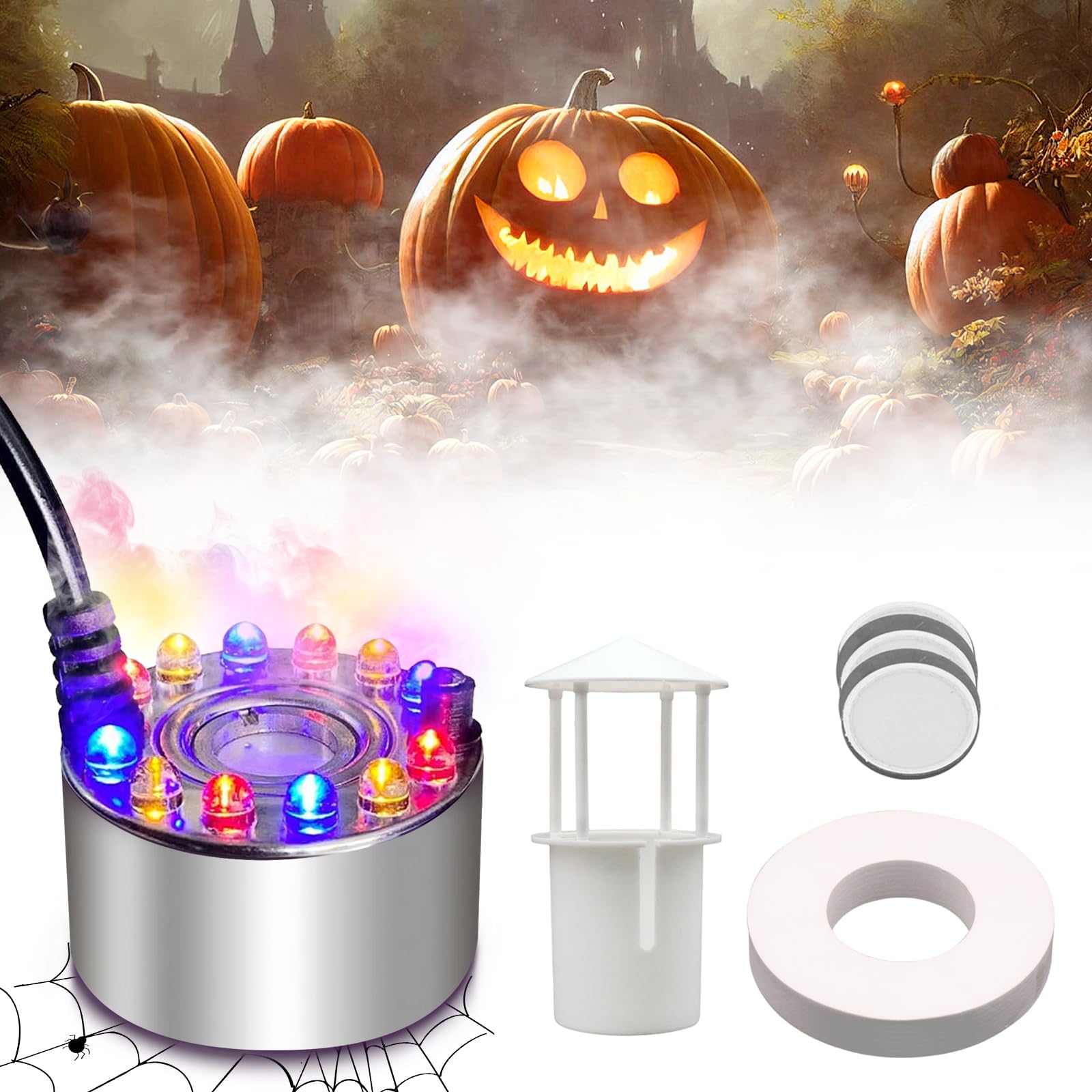 Halloween Mist Maker, Halloween LED Ultrasonic Mister Fogger with Light Witch Cauldron Diffuser Fog Machine Atomizer Bowl Terrarium High Output Humidifier Water Vaporizer with Splash Guard Float Disc