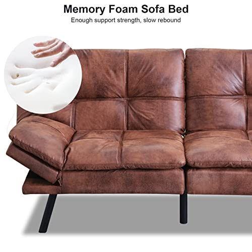 Maxspeed Leather Futon Sofa Bed,Convertible Memory Foam Couch Bed,Modern Loveseat with Covertible Armrests for RV Car Living Room&Bedroom Small Space(Brown)