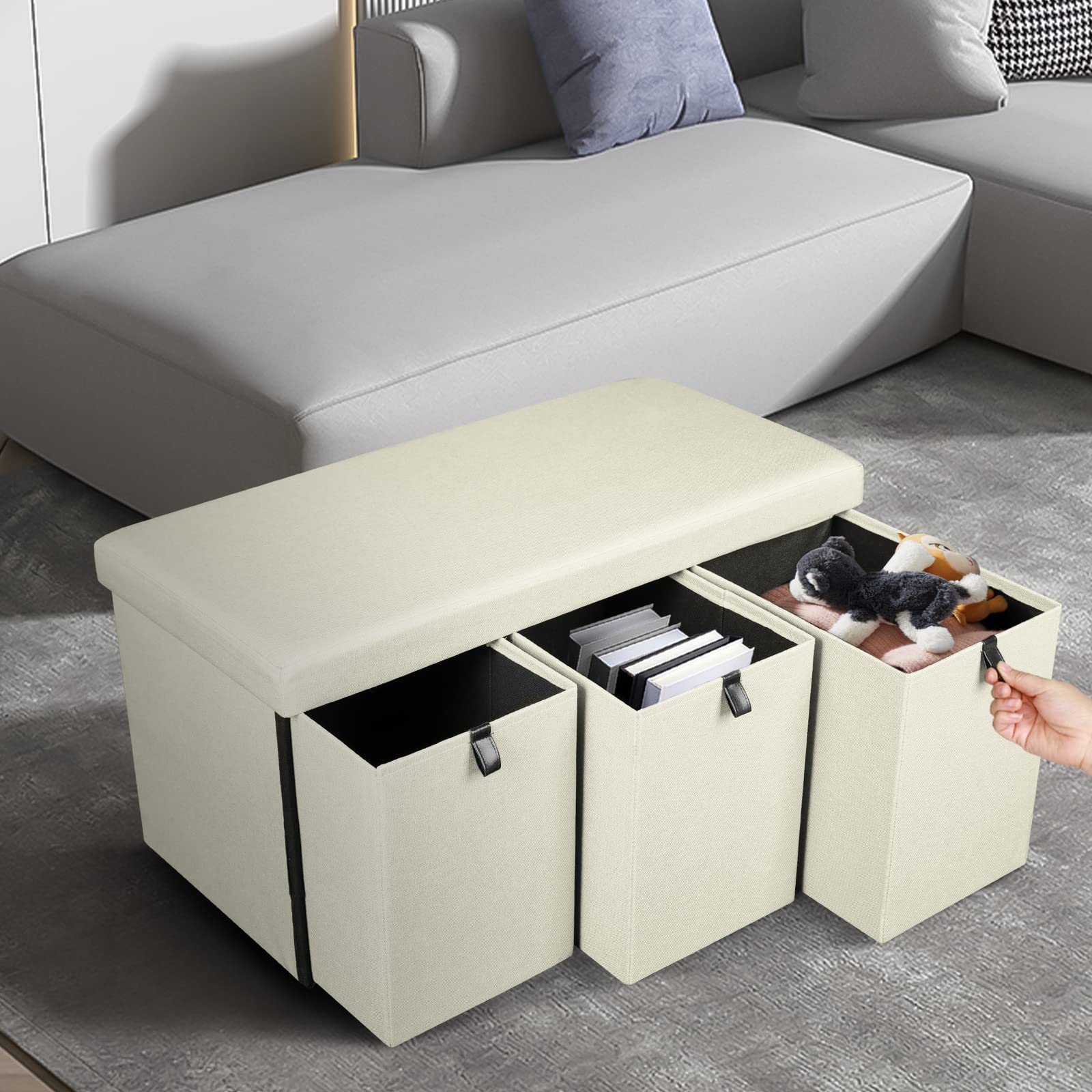 ECOMEX Storage Ottoman with Drawers, Folding Storage Ottoman Bench with Foam Padded Seat, Storage Bench and Faux Leather Ottoman Foot Rest for Bedroom and Hallway Support 600LBS Beige