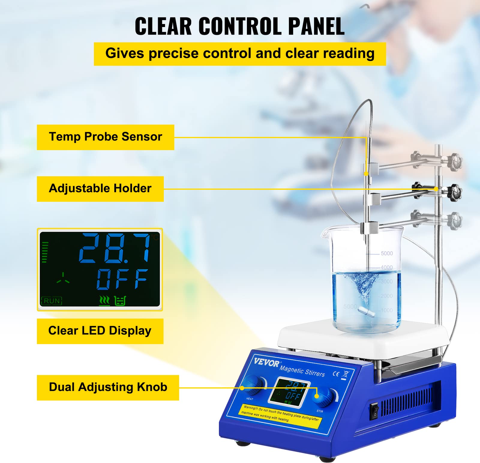 VEVOR Magnetic Stirrer Hot Plate, 5000ml Capacity 320°C/608°F Max Temp Ceramic Coated Lab Stirrer 200-2000RPM Digital Magnetic Stirrer with Support Stand, Temp Probe Sensor and Stirring Bar