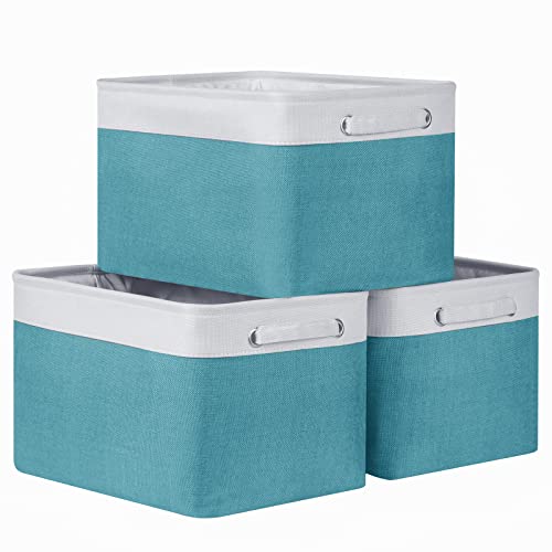 HNZIGE Fabric Storage Baskets for Shelves,Foldable Storage Baskets for Organizing(3 Pack),Rectangular Shelf Storage Bins for Shelves, Closets, Nursery, Home, Office, Empty Gift Baskets(Teal White)