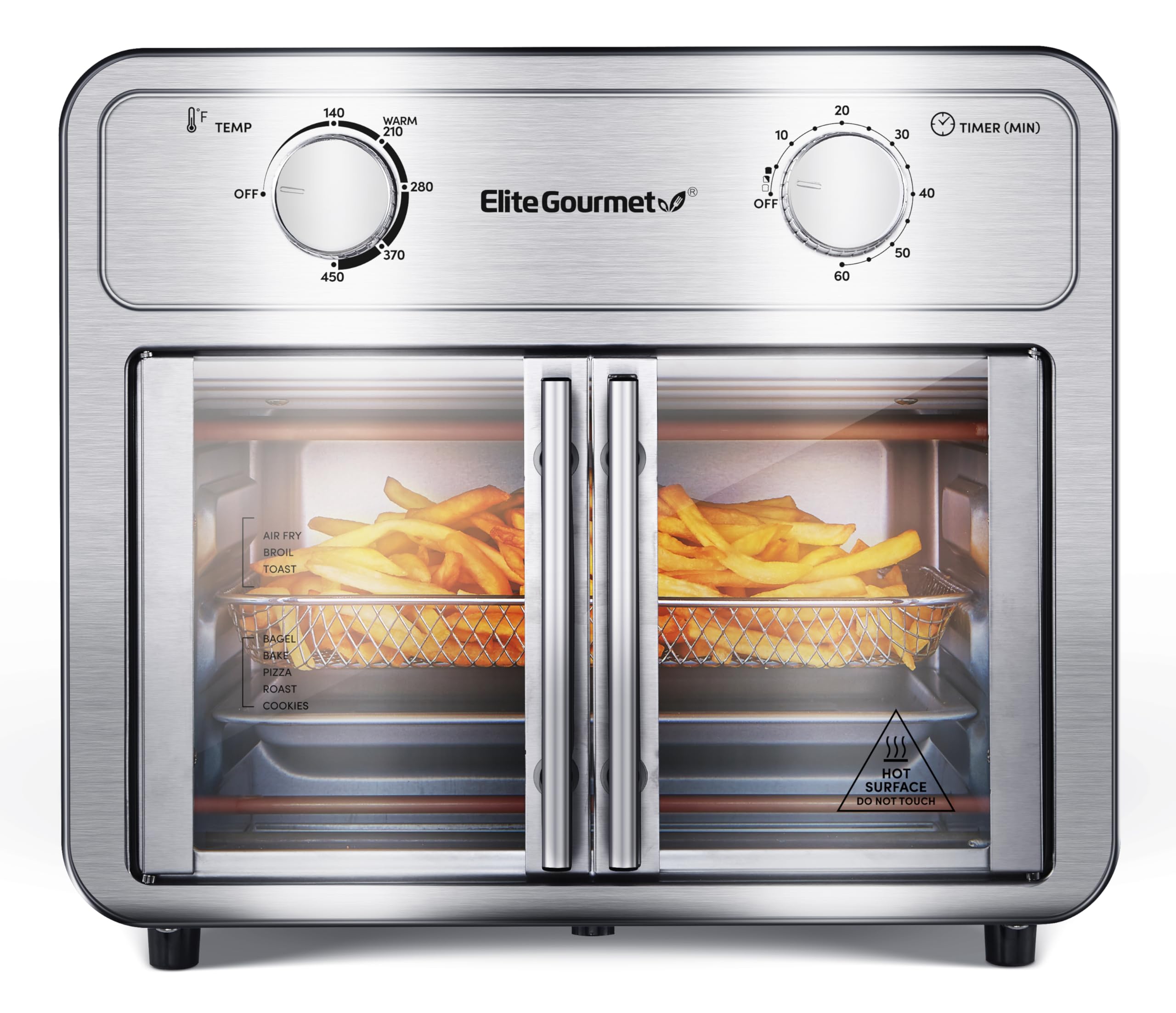 Elite Gourmet EAF1222SS Air Fryer Oven Double French Doors, Bake, Grill, Roast, Broil, Rotisserie, Toast, Warm, Air Fry, Dehydrate, 1500 Watts, with 25 Recipes, 12L. Capacity, Stainless Steel