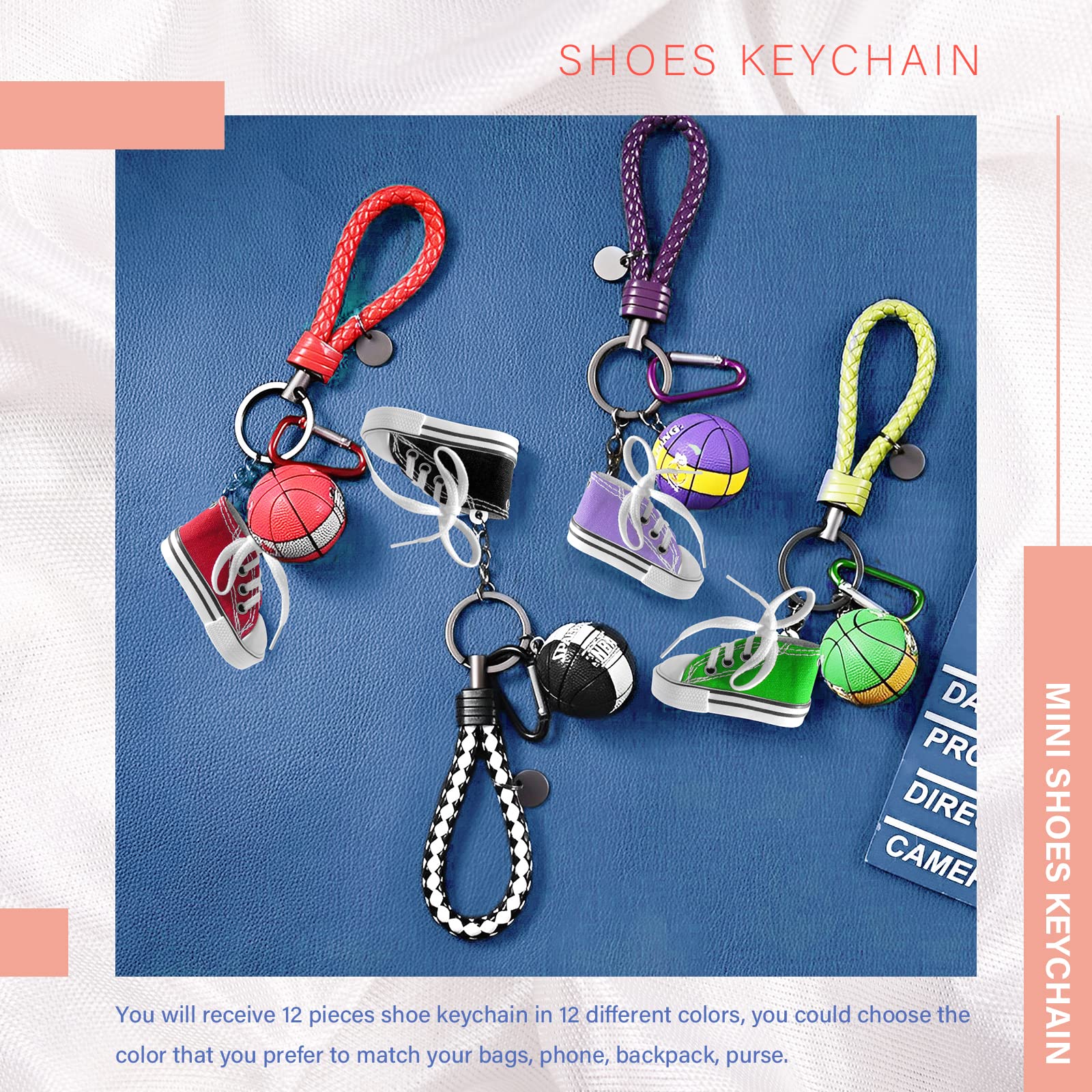 Grosun 12 Pieces Shoe Keychain Mini Shoes Keychain Sneaker Keychain Mini Canvas Shoe Keychains Shoes Key Rings, 12 Colors
