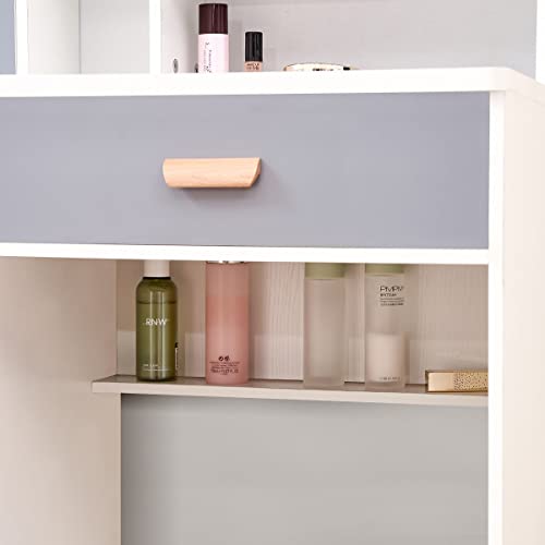 Vanity Desk Set with Mirror Hidden Storage,5 Drawers, Vanities Dressing Makeup Table with 3 Storage Cabinet, Vanity Set for Bedroom Studio White