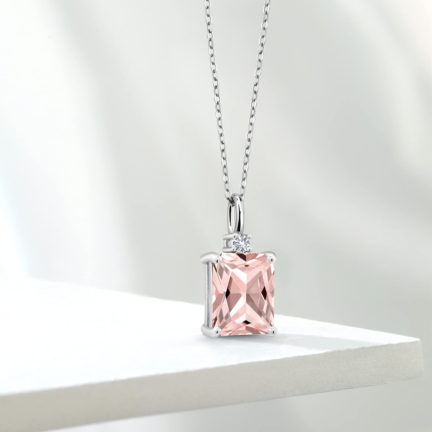 Gem Stone King 925 Silver Peach Nano Morganite and White Created Sapphire Pendant Necklace For Women (3.24 Cttw, Gemstone October Birthstone, Emerald Cut 10X8MM with 18 Inch Silver Chain)