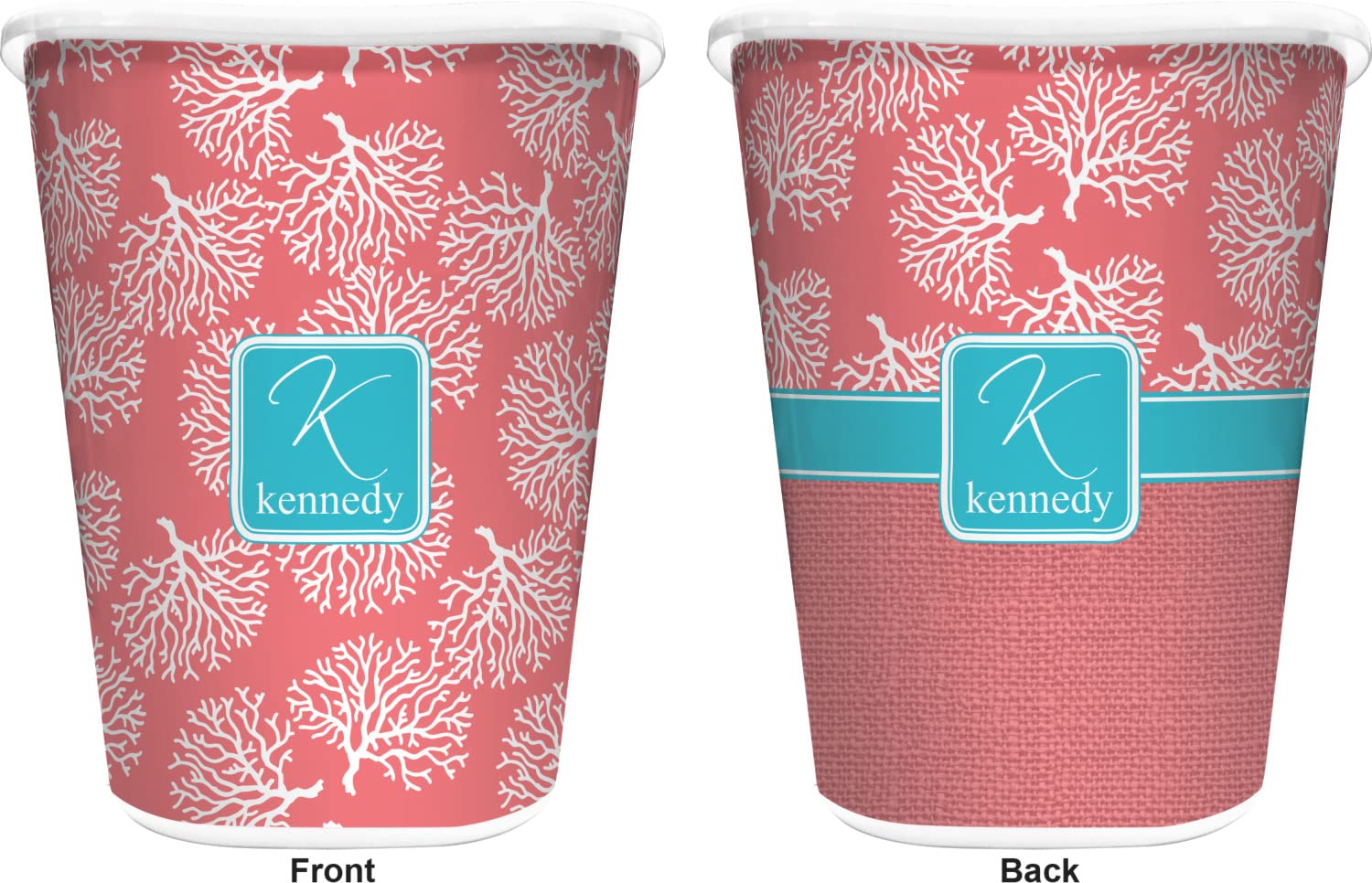 RNK Shops Personalized Coral & Teal Waste Basket - Double Sided (White)