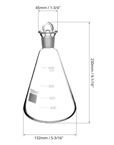 QWORK 1000ml Lodine Flask with Stopper, Thick Wall Flask with 24/29 Standard Conical Outer Connection, Heavy Duty Borosilicate Glass Erlenmeyer Flask Interchangeable Stopper, Conical Shape