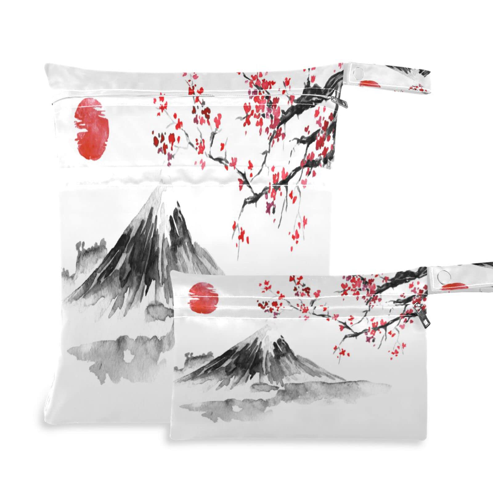 HUXINO Waterproof Wet Dry Bags Japan Mountain Cherry Flower, Kids Baby Cloth Diaper Wet Bags Organizer Reusable Bags Pouch with 2 Zippered Pockets Beach Travel Hiking Gym Bag for Swimsuits Wet Clothes