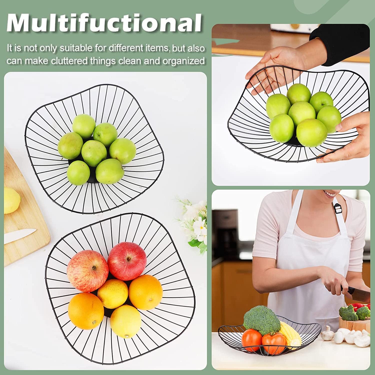 Fodayuse 2 Pcs Flat Modern Fruit Bowl, Fruit Holder for Fruit and Vegetable Storage, Minimalism Wire Fruit Bowls for Kitchen Counter, Home Decor, Countertop, Table Centerpiece, Black