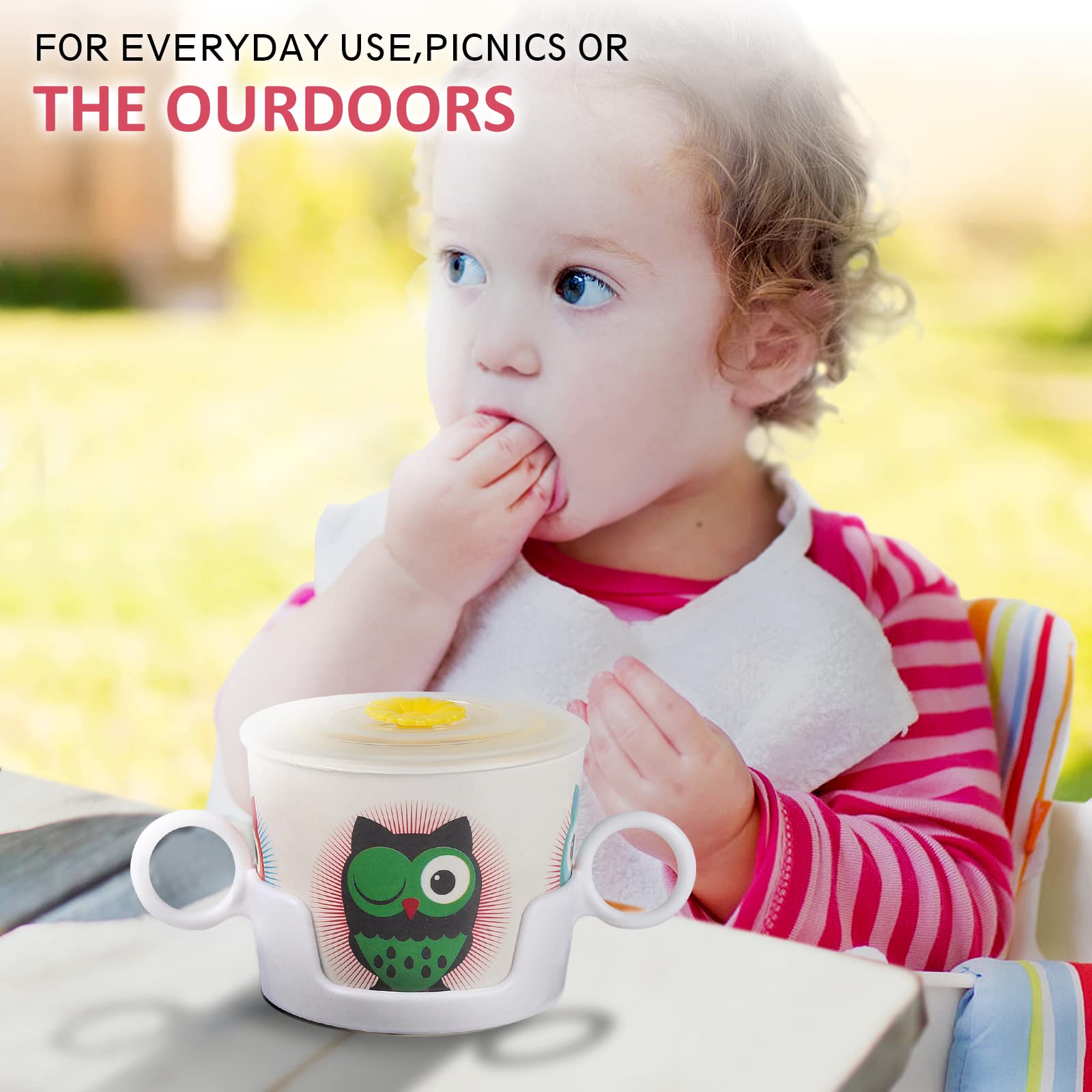 Greentainer 5 PC Kids Toddler Dinnerware Sets Bamboo Toddlers Dishes Set Kids Feeding Plates and Bowls Sets with Sunction and Utensil Flatware Durable & BPA Free