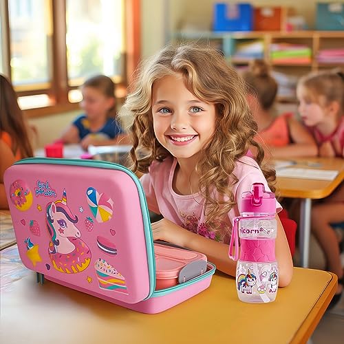 QearFun Insulated Unicorn Lunch Bag Bento Box for Girls,Lunch Box Set with 4 Compartment Bento Box Water Bottle Ice Pack Salad Container Food Picks,Perfect Kids Lunch Boxes for School Age 7-15
