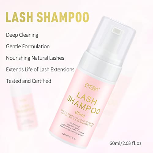 EMEDA Lash Shampoo for Lash Extensions 60ml / 2 fl.oz Eyelash Extension Cleanser Oil Free Foam Soap Lash Bath for Cluster Lashes Wash Oil Dustcare, Gentle Lash Cleaning Kit with Rinse Bottle Brush