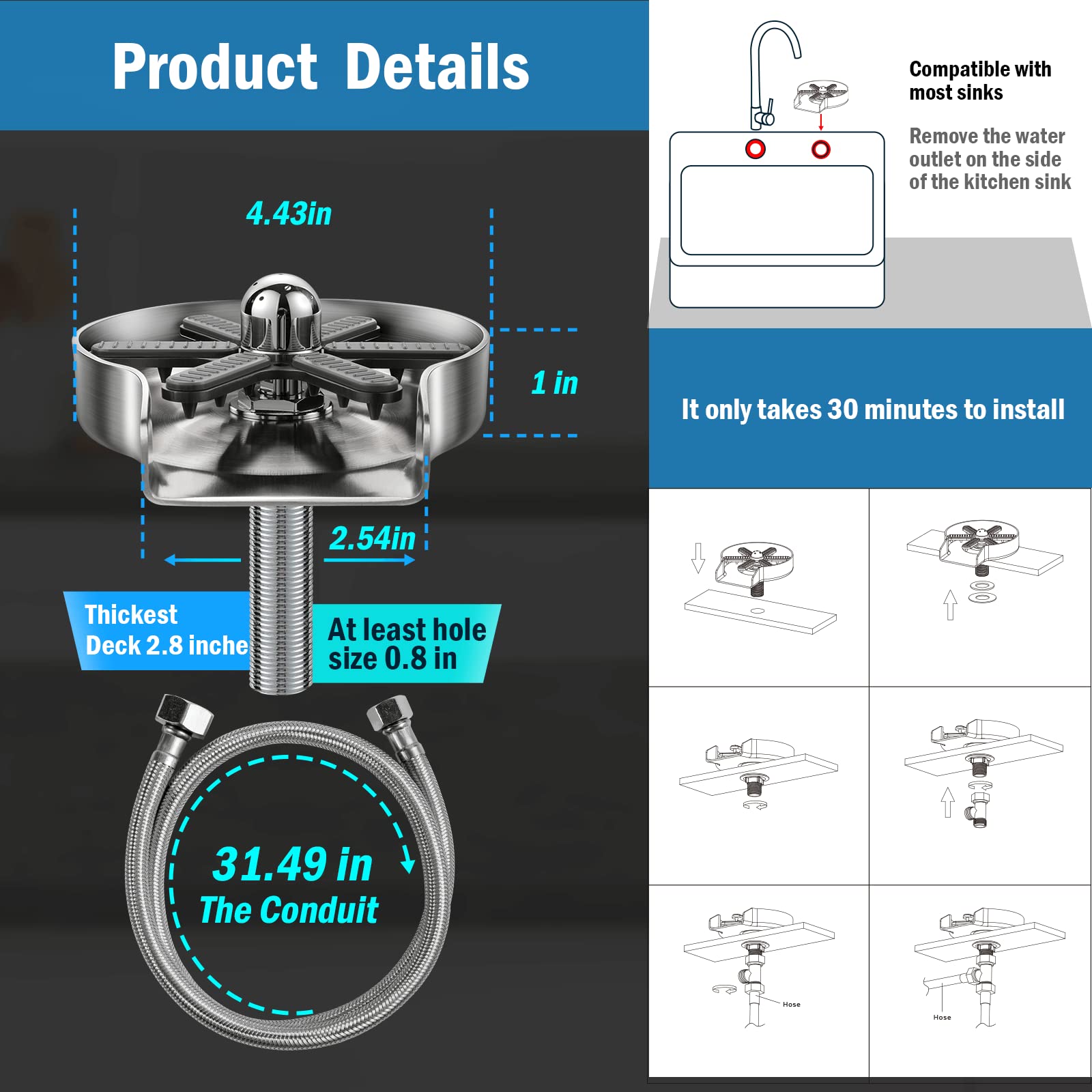 INKULEER latest design, Metal Glass rinser for kitchen sink, Glass rinser, Kitchen gadgets, Bottle washer, 18/8Stainless steel, Cup washer sink, The water column rotates 360°(Brushed)