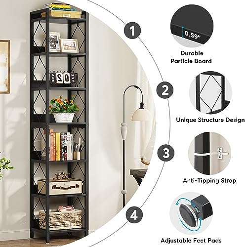 LITTLE TREE 7-Tier Narrow Bookshelf, 78.7-Inch Extra Tall Skinny Bookcase for Small Spaces, Freestanding Display Shelves, Multifunctional Corner Storage Organizer Unit for Home Office, Black