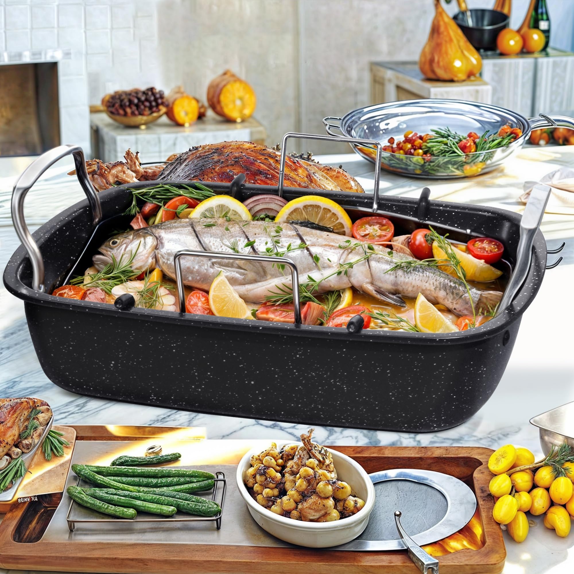 RavisingRidge Roasting Pan with Rack, 17 x 13 Inch Nonstick Turkey Roaster with Steel Handles β Ideal for Ovens, Lasagna, Meat & Vegetables, Perfect for Thanksgiving & Christmas (Black)