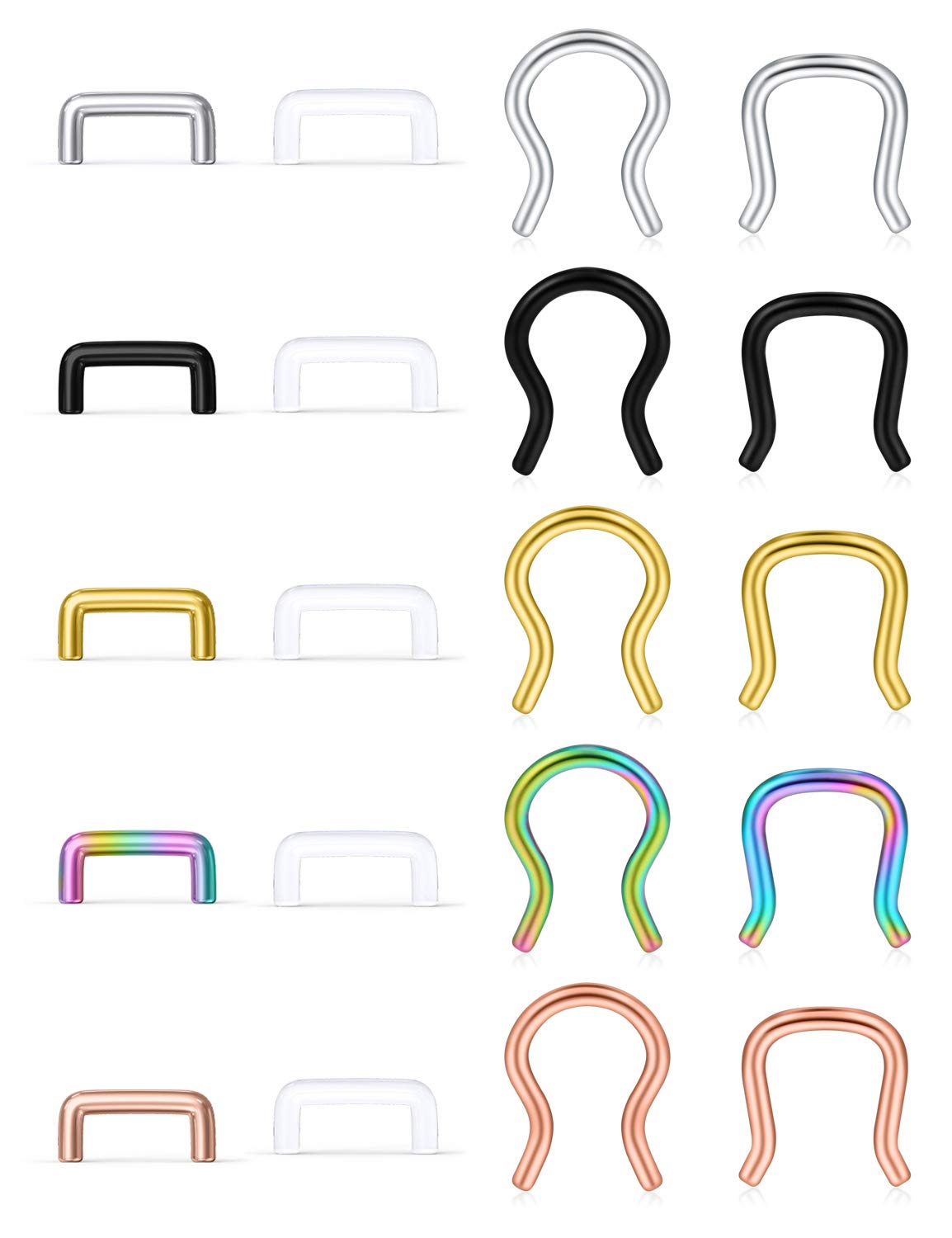 Ftovosyo 20pcs 16G Clear Flexible Septum Retainer Plastic & Surgical Steel Nose Septum Ring Piercing Jewelry for Women Men Bioflex Silver-tone Rose Gold Black