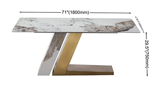 Montary 71” Modern Rectangle Dining Table for 6-8 Seat, Marble Dining Table with Sintered Stone Pandora Tabletop and L-Shape Stainless Steel & Stone Slate Base (Only Table)