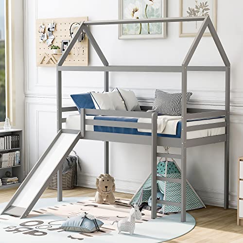 LostCat Twin Size Loft Bed with Slide, House Shaped Solid Pine Wood Bed Frame with Safety Guardrail & Ladder, No Box Spring Needed, Save Space Design for Kids, Teens, Girls, Boys, Grey