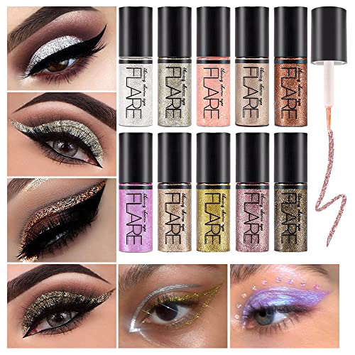 evpct 10 Colors Glitter Liquid Gel Eyeliner Eye Glitter Eyeshadow Makeup Set Pink Brown White Gold Glitter Liquid Eye shadow Set delineador de ojos contra el agua delineadores de colores para ojos