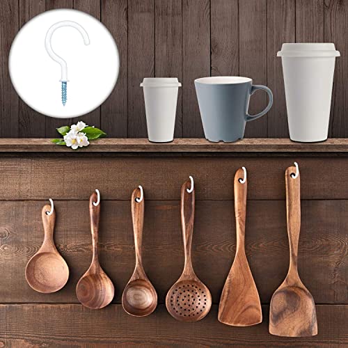 QEZEZA 10 Packs of Vinyl Coated Ceiling Hooks, Plant Hooks, Kitchen Hooks, Hanging Hooks, Kitchen Hooks for Indoor and Outdoor use, 2.9-inch Silver Spiral Hooks, (White)