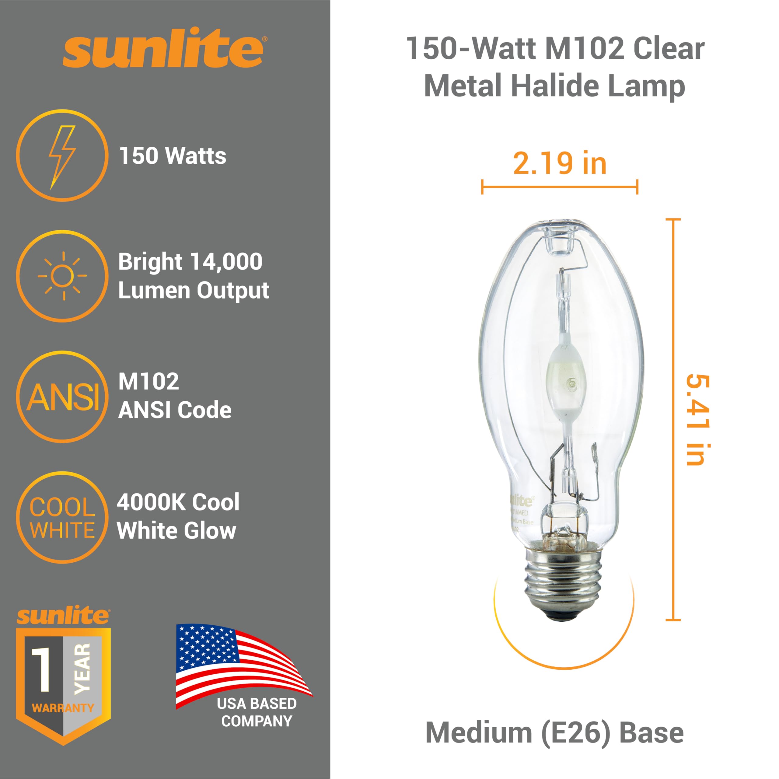 Sunlite 03650-SU MH150/U/MED M102 Metal Halide Lamp, 150 Watts, Pulse Start, Medium Base (E26), ED17, 15,000 Hours Life, 14000 Lumen, Clear Finish, 4000K