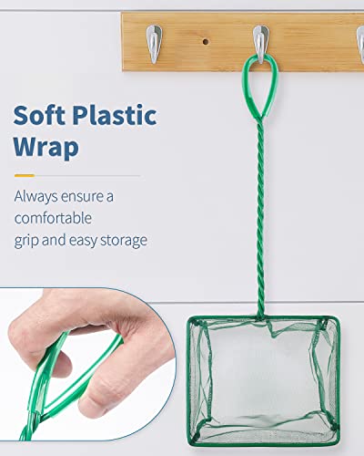 Pawfly 4 & 6 Inch Aquarium Fish Net Set with Braided Metal Handle Square Green Net with Soft Fine Mesh Sludge Food Residue Wastes Skimming Cleaning Net for Fish Tanks Small Koi Ponds and Pools