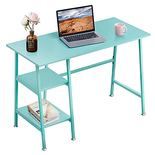 VECELO 43 Inch Computer Writing Home Office with 2 Tier Storage Shelves,Adjustable Feet/Waterproof,Simple Workstation, Blue Desk, 43"