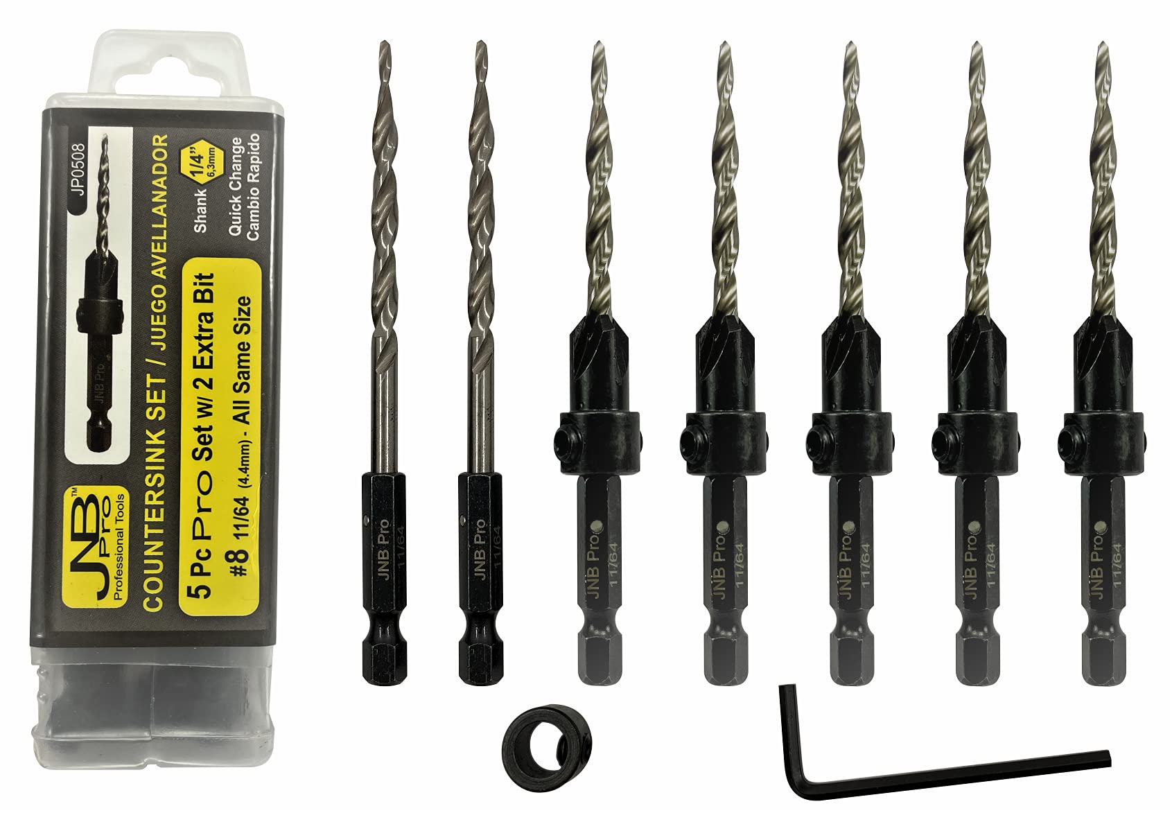 JNB Pro Wood Countersink Drill Bit Set - 5 Pc Adjustable Countersink Bit #8(11/64") All Same Size - 2 Extra 11/64 Tapered Drill Bit, 1 Adjust. Collar, 1 Wrench - 1/4" Quick Change Shank - Countersink