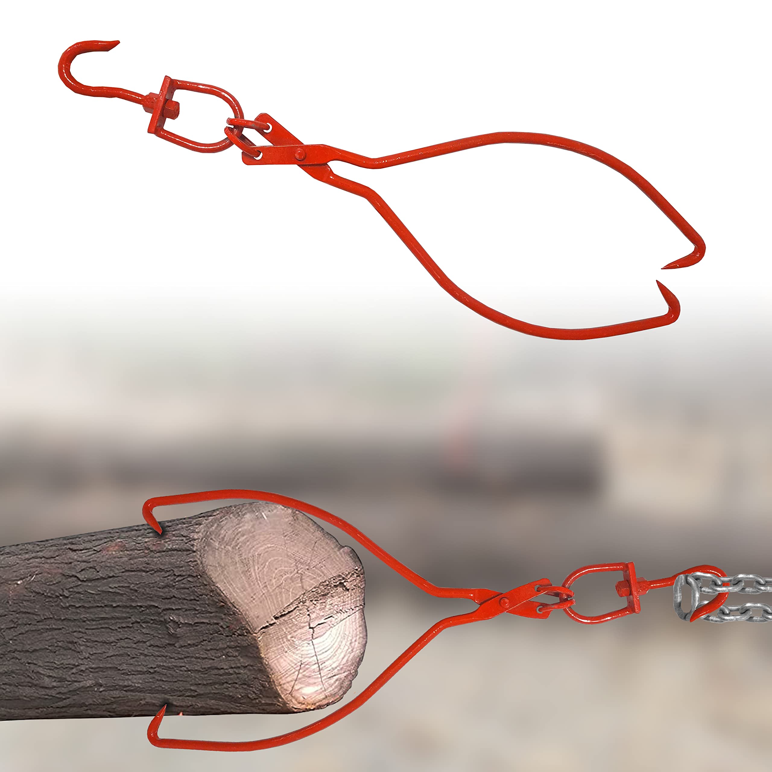FEBTECH - Log Skidding Tongs 32-inches- Single Swivel Grab for Handling, Dragging & Carrying Logs, Heavy Duty Log Lifting Tongs, Heavy Duty Timber Claw Grappling Hook, Red