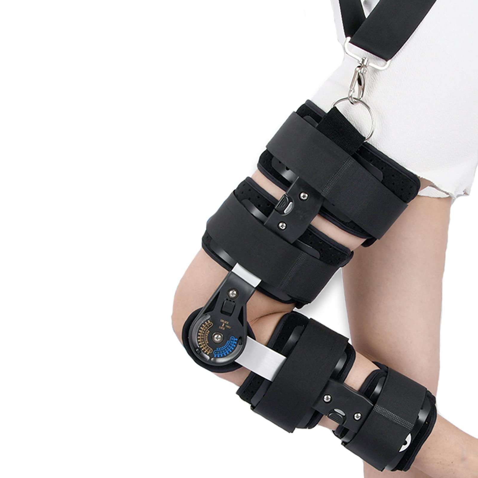 DXDUI Universal Hinged Knee Brace Adjustable with Shoulder Strap Post Op Knee Support Orthosis for Ligament Injuries Relief Knee Joint Pain,Black,Right