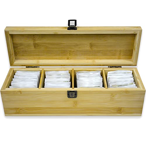 Zen Earth Inspired Bamboo Tea Organizer Box Chemical Free Eco-Friendly Big, Tall, Adjustable Cubbies Natural Wooden Storage Chest (4-Slot Rectangle 14.3"x 4.4" x 4.2" with TEA print design)