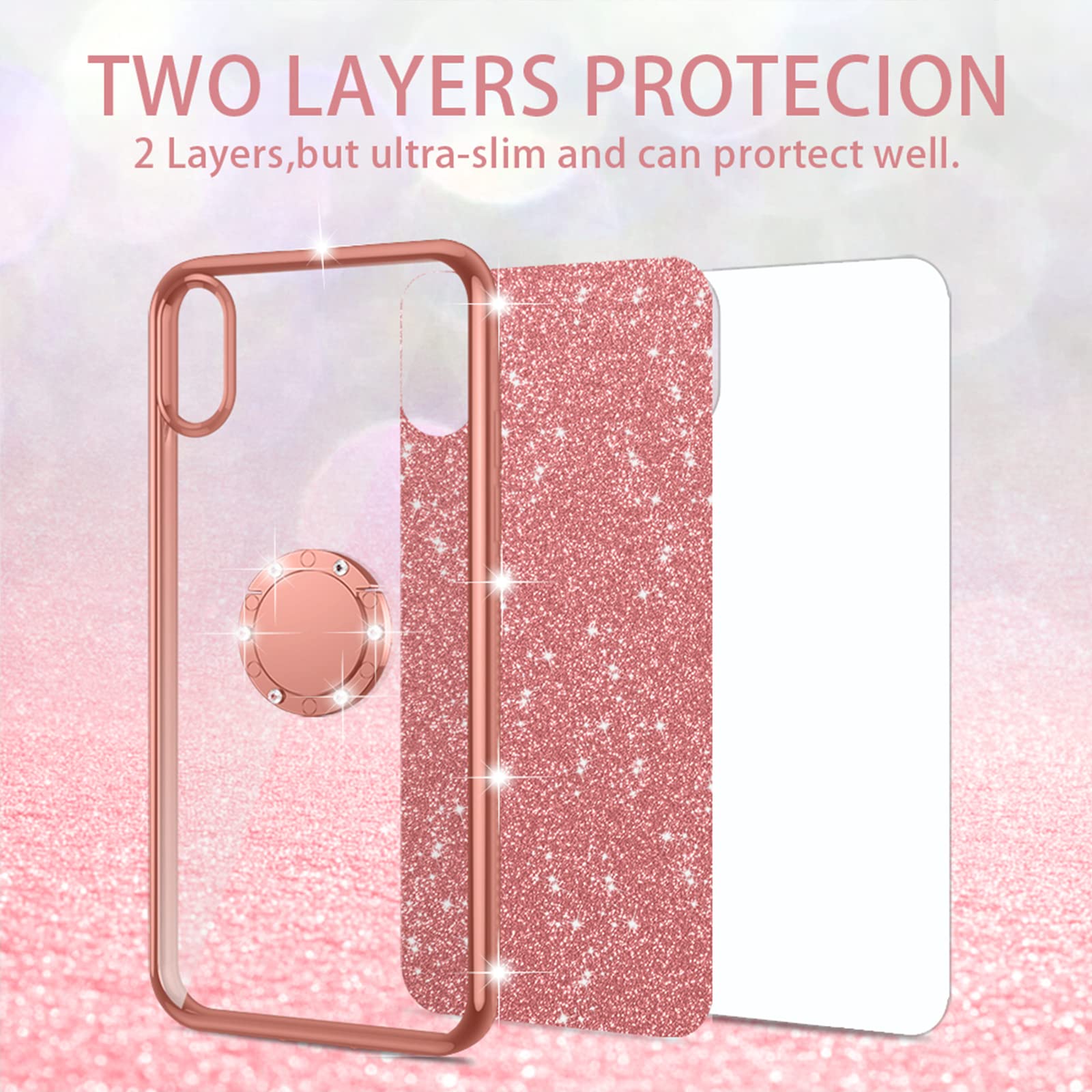 for Samsung Galaxy A10E Phone Case Girls Women Cute Rhinestone Glitter TPU Case with Ring Stand Strap Lanyard Shockproof Protection Cover for Samsung Galaxy A20E -Rose Gold