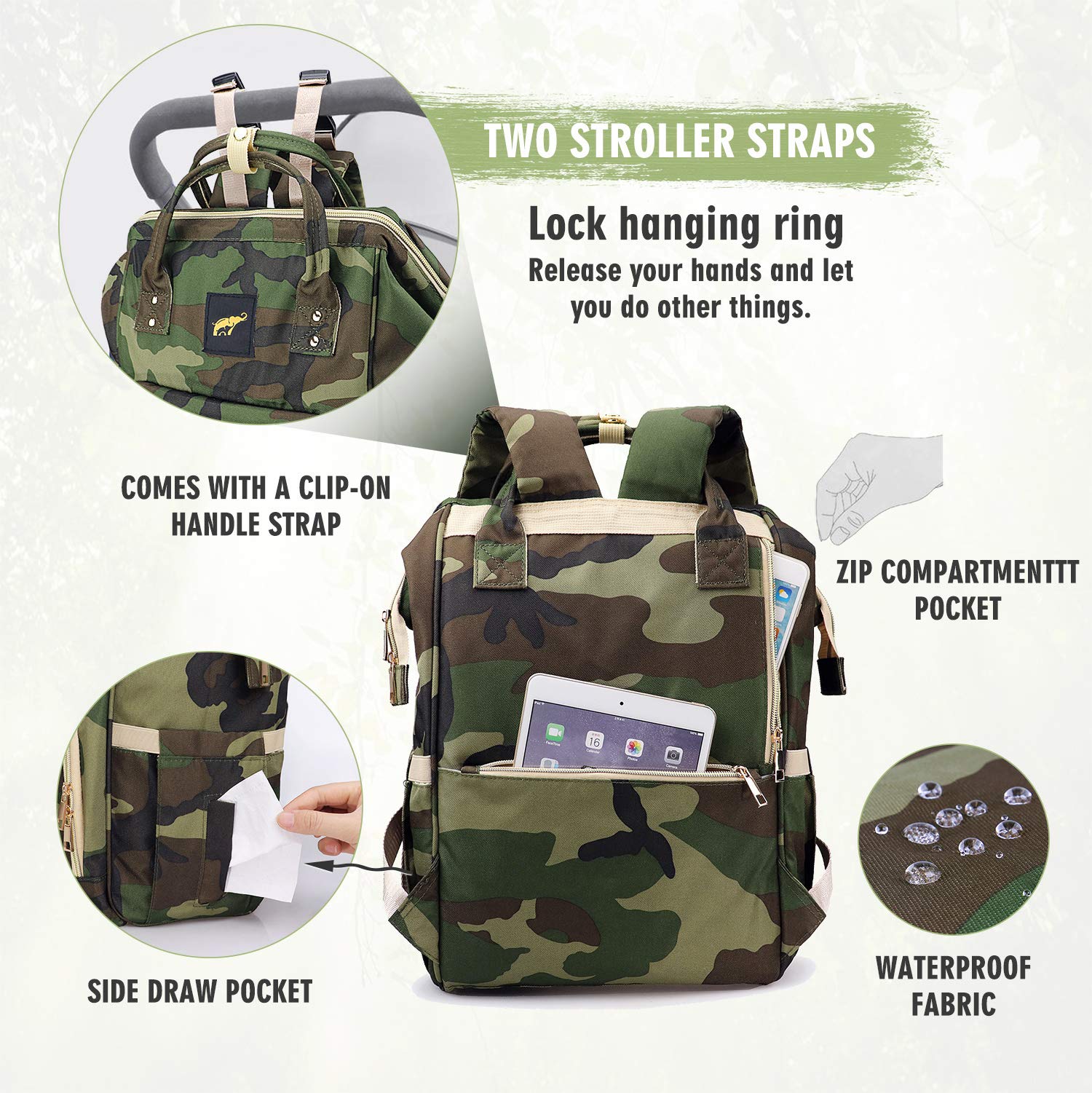 EssFeeni Diaper Bag for Men Dad Camo Nappy Bag Backpack Large Canvas Waterproof USB Mommy Bag for Baby Care Travel (Jungle Camouflage)