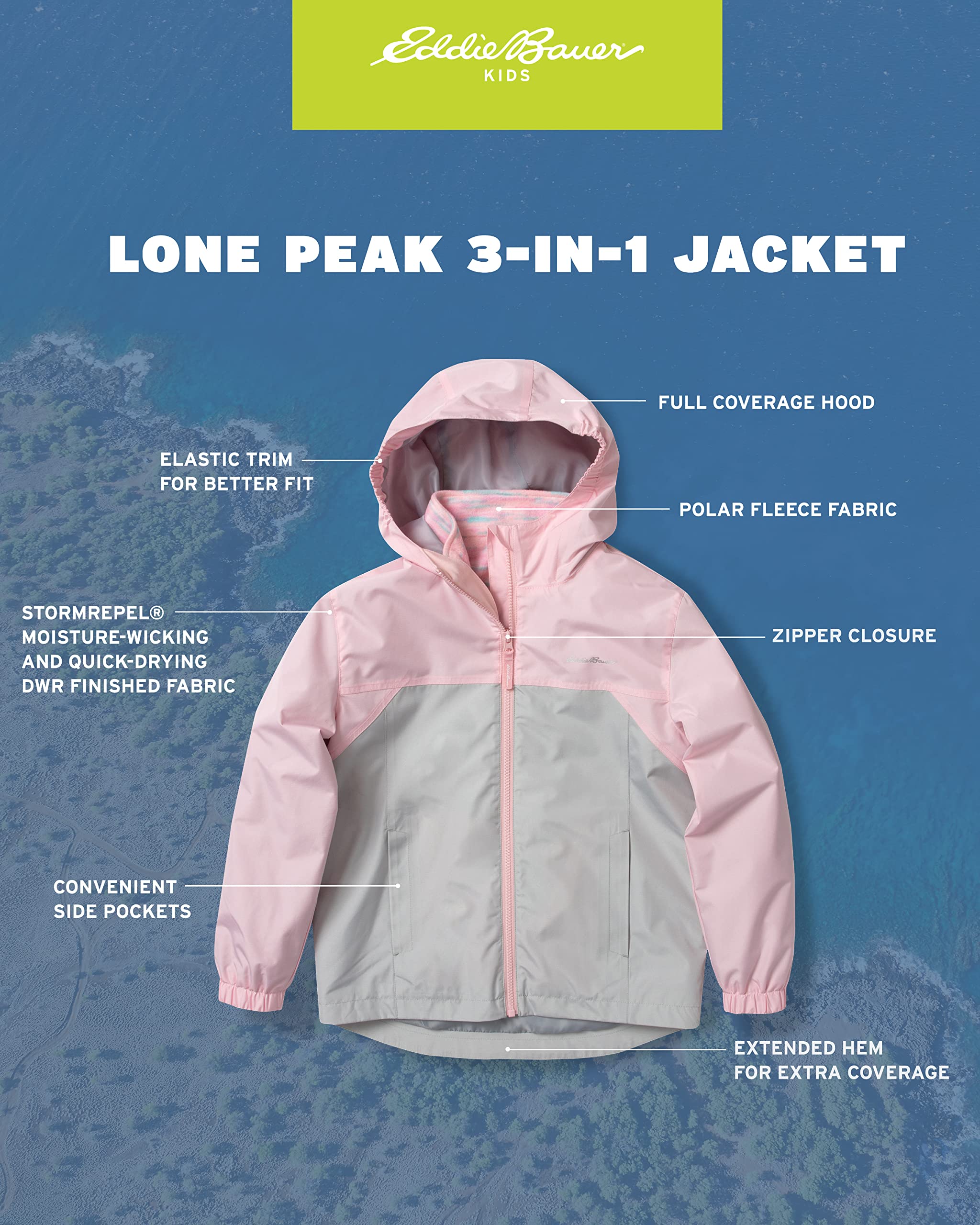 Eddie Bauer Girls' Rain Jacket - Lone Peak Waterproof 3 in 1 Insulated Windbreaker Coat with Removable Fleece Lining (5-20), Size 8, Soft Pink