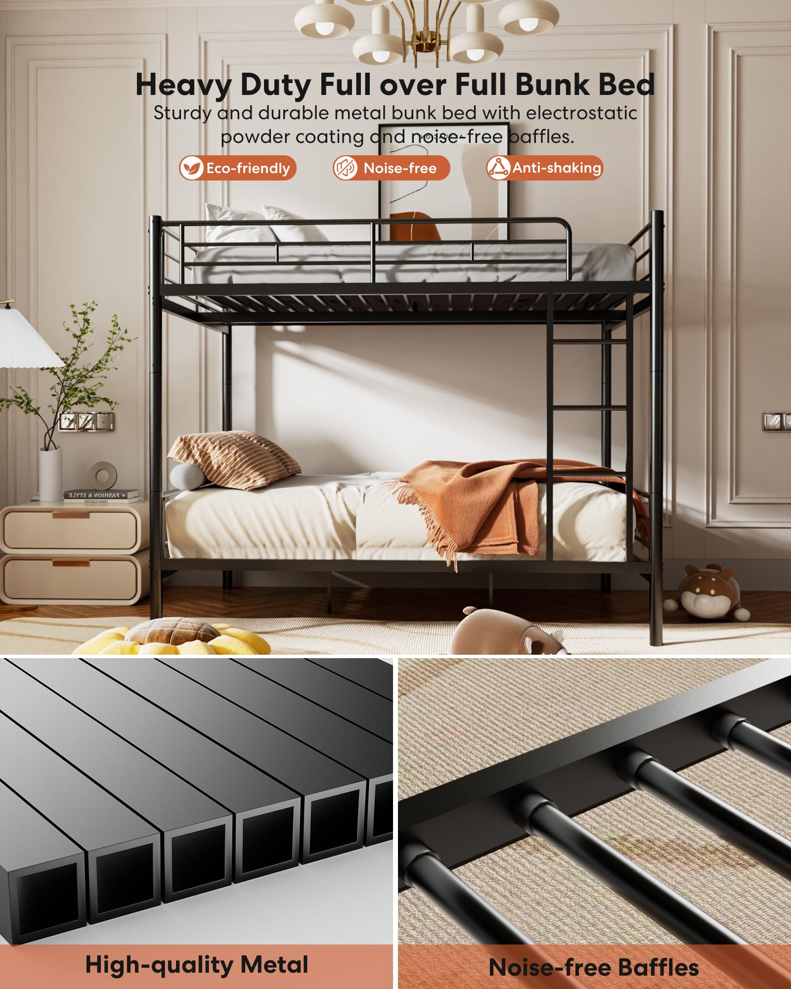 Miscoos Full Over Full Metal Bunk Bed for Kids, Convertible into 2 Separate Full Beds, Heavy Duty Bunk Bed Frame with High Guardrail and Built-in Ladder, No Box Spring Needed, Noise Free, Black