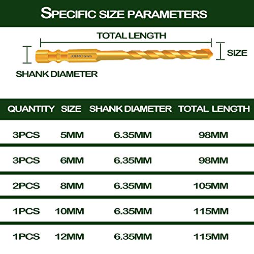 JOERIC Titanium Masonry Drill Bits Set, 10PCS Concrete Drill Bit Ceramic Tile Drill Bit Set Tungsten Carbide Tipped Ceramic Tile Drill Bits for Concrete Brick Glass Plastic and Wood (5mm-12mm)