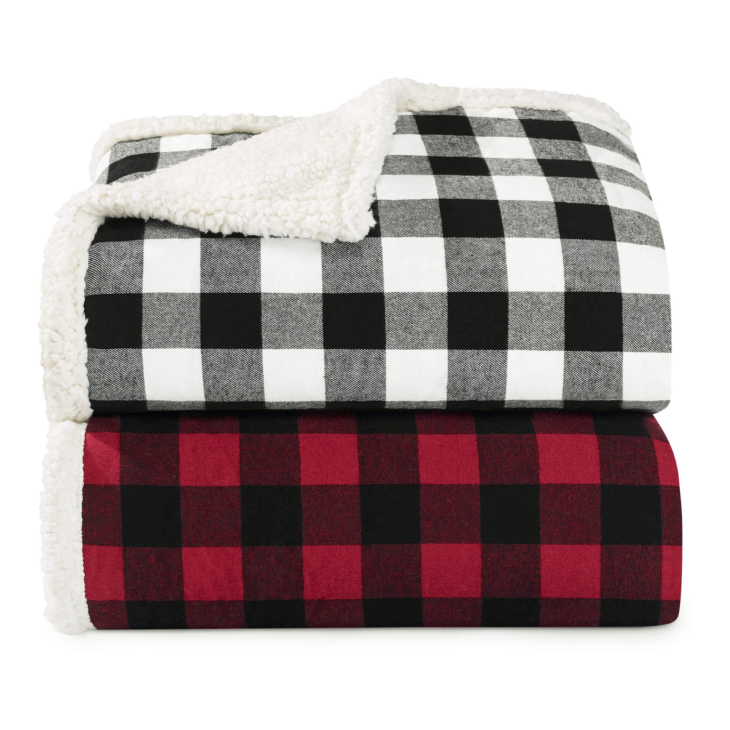Eddie Bauer Throw Blanket with Pillow Reversible Flannel/Sherpa Bedding, Buffalo Plaid Home Decor for All Seasons, 2 Piece Set, Black/White Check