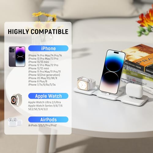 Foldable 3 in 1 Charging Station, Kartice Travel Charger Dock Stand for iPhone Multiple Devices iPhone 14 Pro Max/13/12/11/X/8 Plus/7/6,Airpod,Apple Watch 9/8/Ultra 2/Ultra/7/6/SE/5/4/3/2 Charging Pad