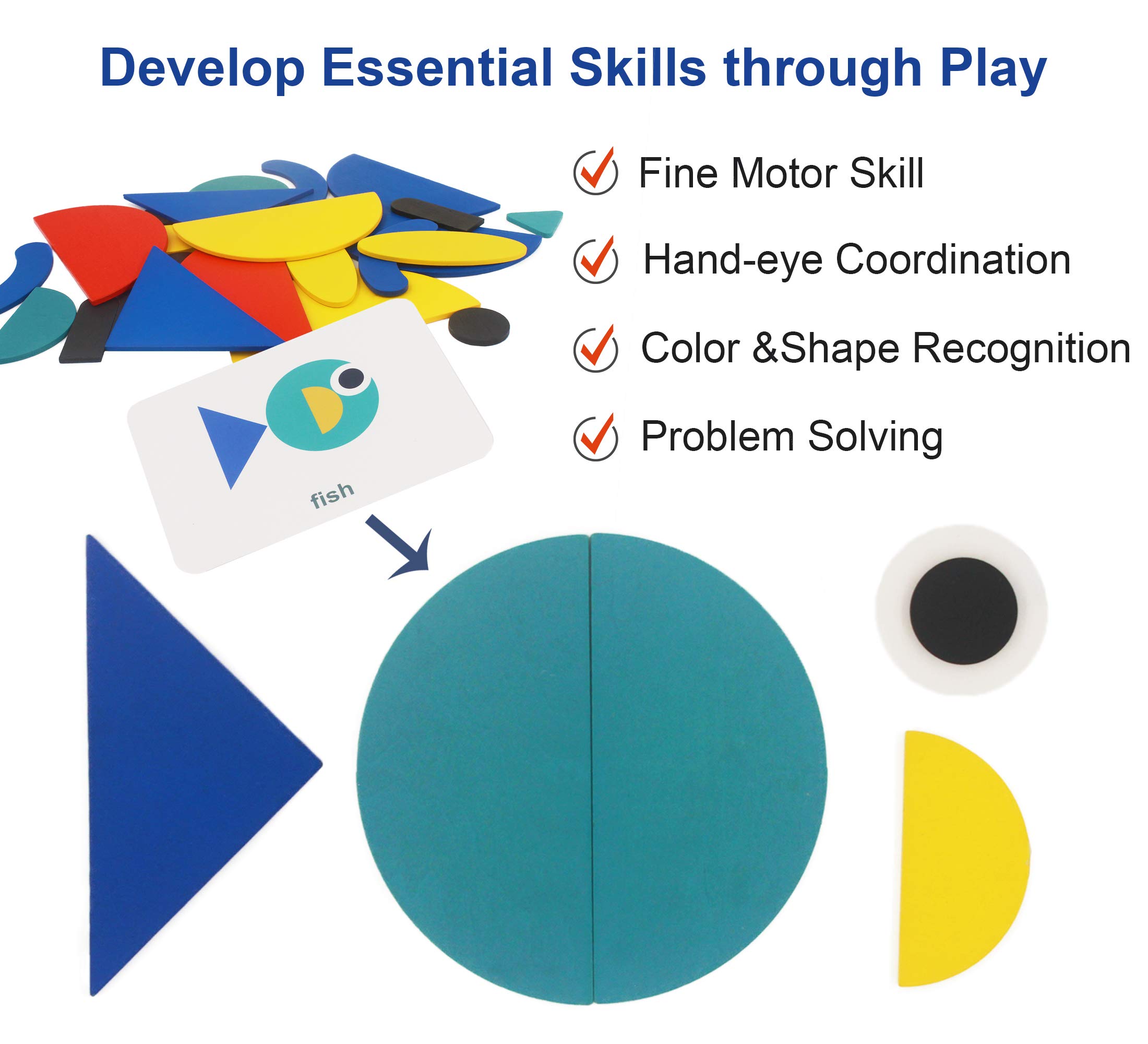 FLYINGSEEDS Wooden Pattern Blocks Animals Jigsaw Puzzle Sorting and Stacking Games Montessori Educational Toys for Toddlers Kids Aged 3+ Years Old (36 Shape Pieces & 60 Design Cards)