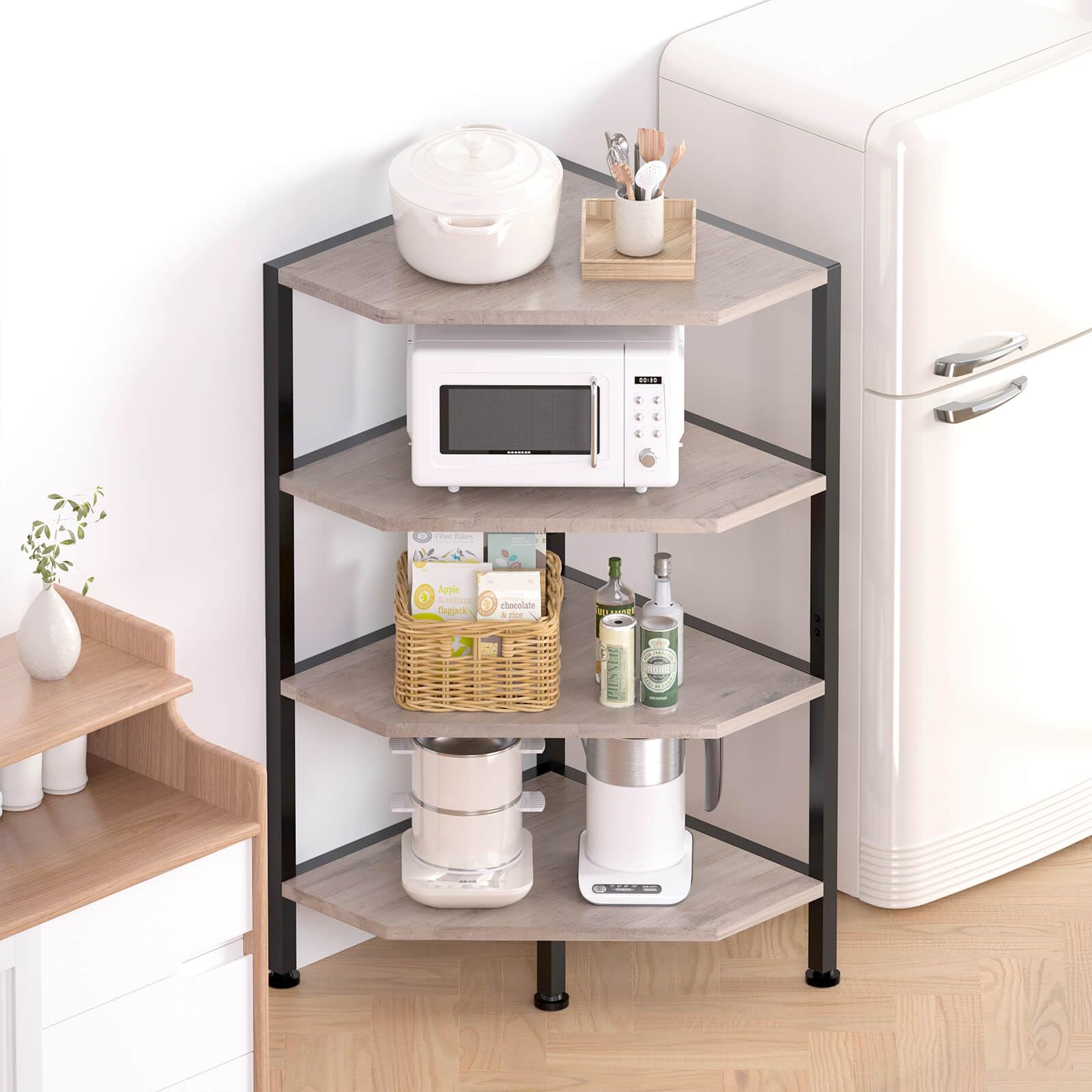 JOOLESER Corner Shelf - 4-Tier Corner Bookshelf with Metal Frame - Small Corner Shelves - Wood Corner Display Shelf for Living Room, Bedroom (Grey)