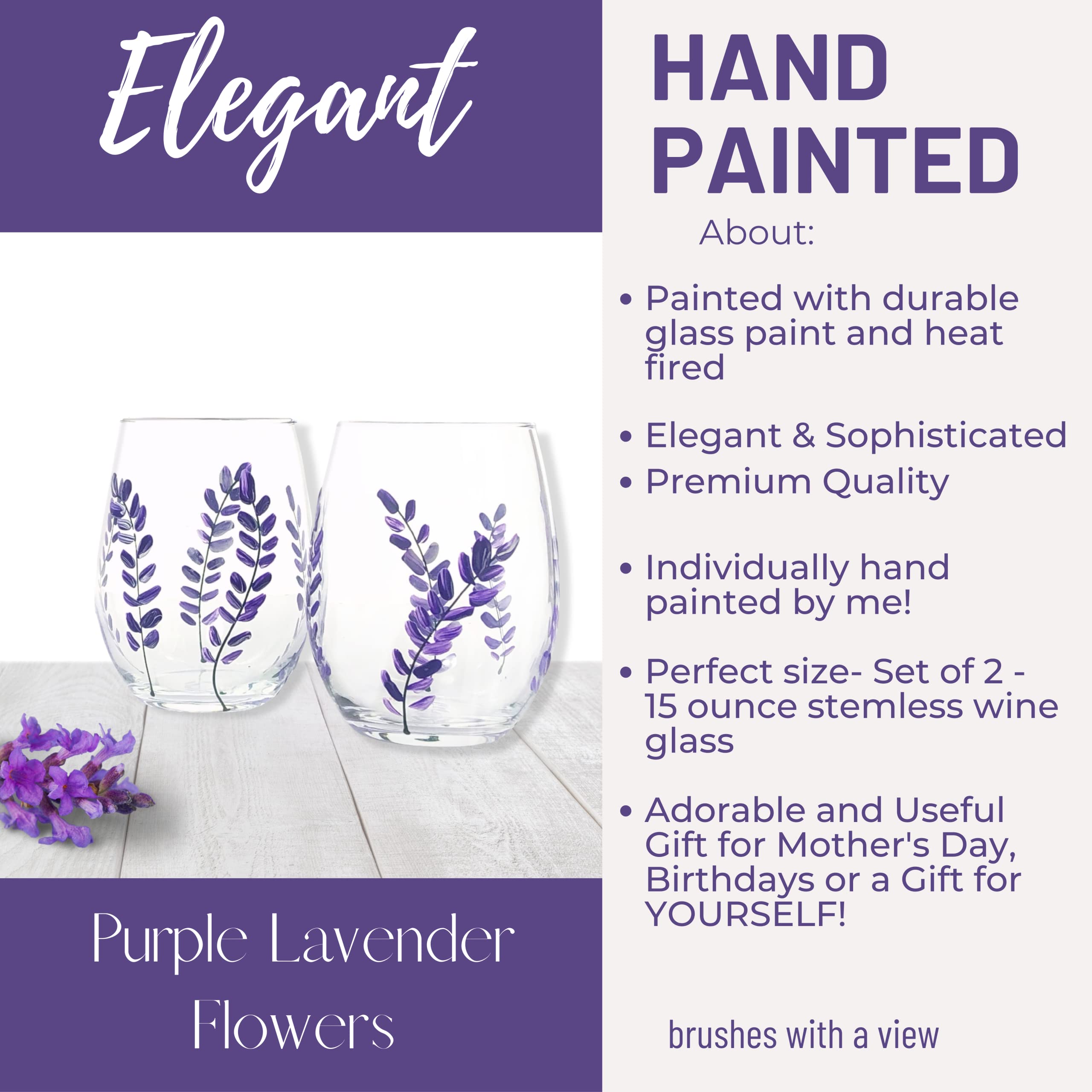 Hand Painted Lavender Flower Wine Glasses, Brushes with a View set of 2 Artisan Made Floral Drinking Glasses Set, Perfect Mother’s Day, Bridal Shower, Christmas & Easter Gift, 15 oz