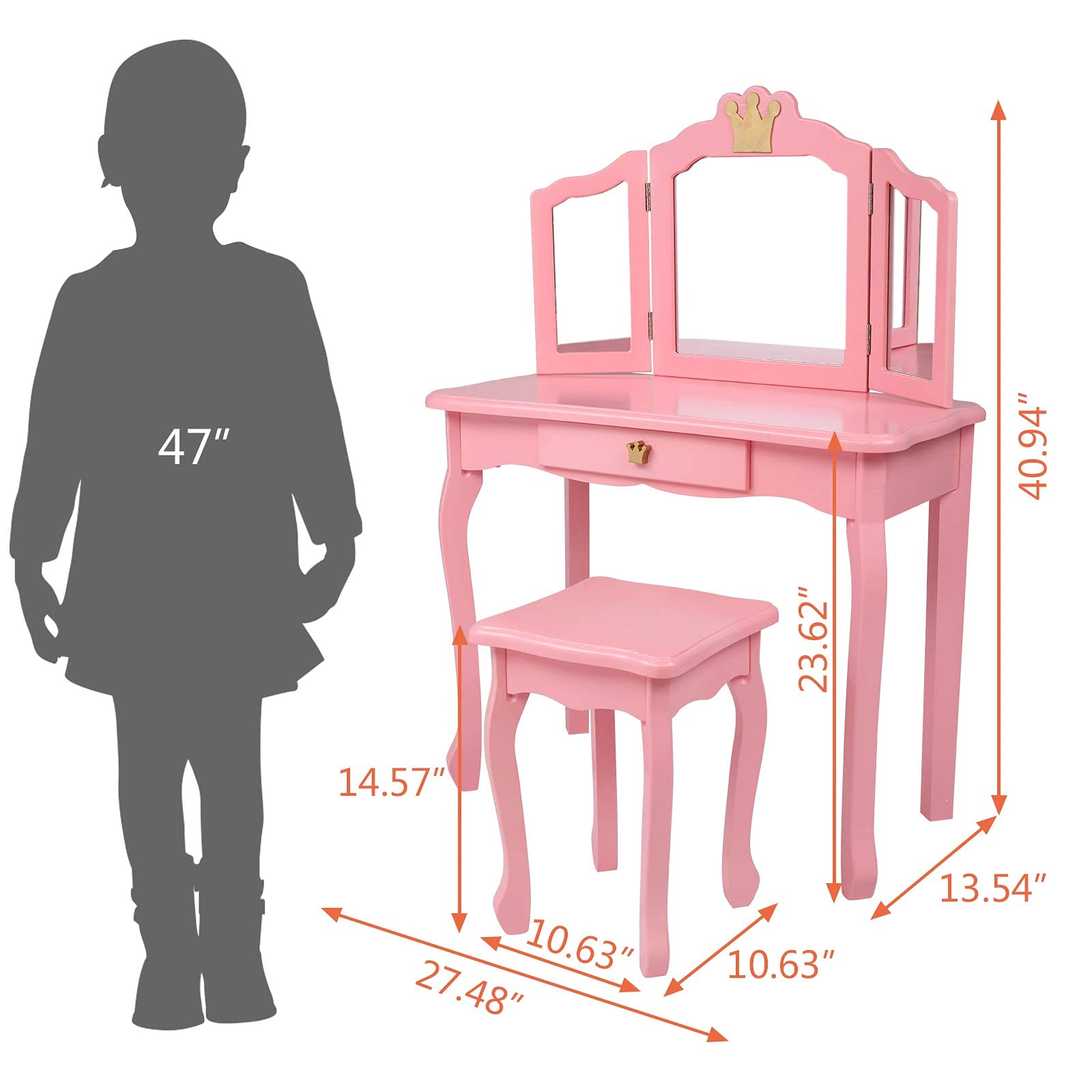 VALUE BOX Kids Vanity Table and Chair Set, 2 in 1 Princess Makeup Dressing Table with Drawer & Tri-Folding Mirror, Child Pretend Beauty Play Vanity Set for Girls