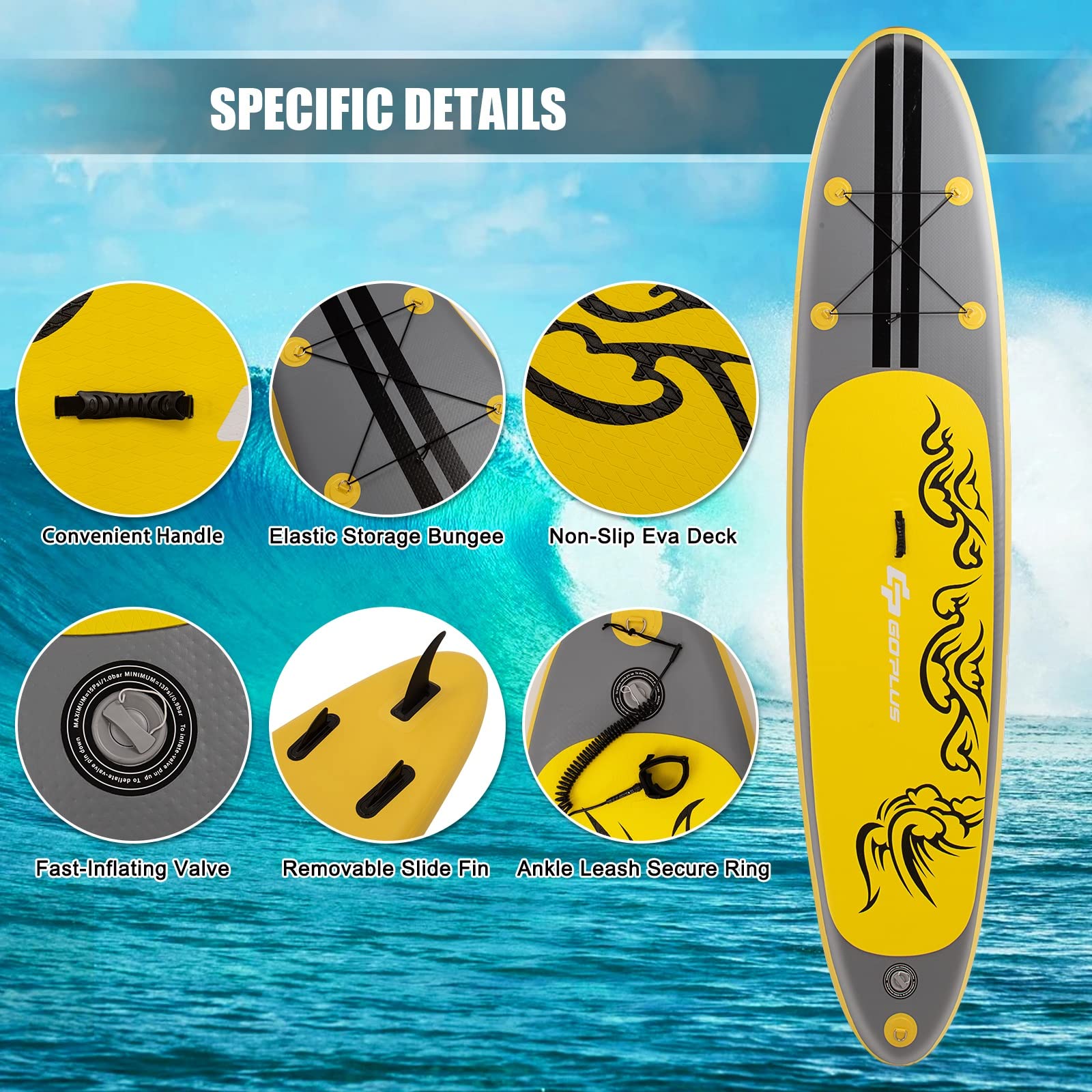 Goplus 10/ 11FT Inflatable Stand up Paddle Board Latest Inkjet Process Anti-Fading 6.5” Thick SUP with 3 Fins, Non-Slip Deck, Adjustable Paddle, Hand Pump, Carry Bag, Leash (Yellow, 11FT)