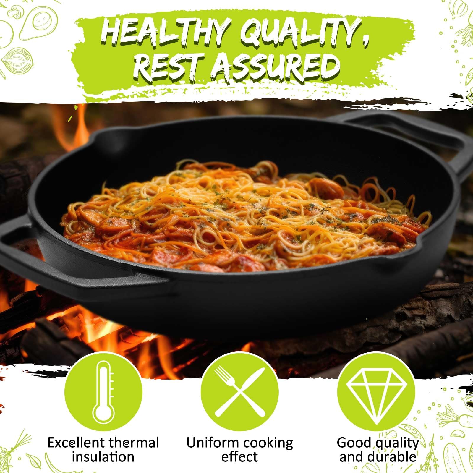 Sunnychicc 12 Inch Cast Iron Pan Dual Handle Cast Iron Skillet Black Casserole Dish Cast Iron Cookware Oven Safe Cast Iron Ramekin for Kitchen Indoor Outdoor Camping Picnic(1 Pcs)