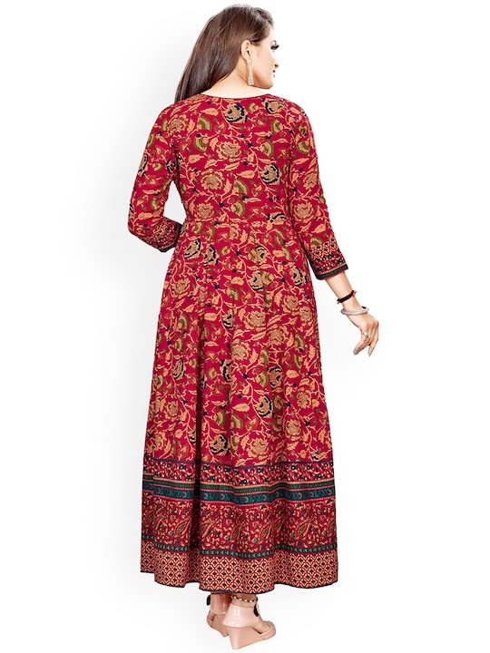Women's Rayon Sanganeri Printed Long Anarkali Kurti With Tasseles (Maroon, Large)