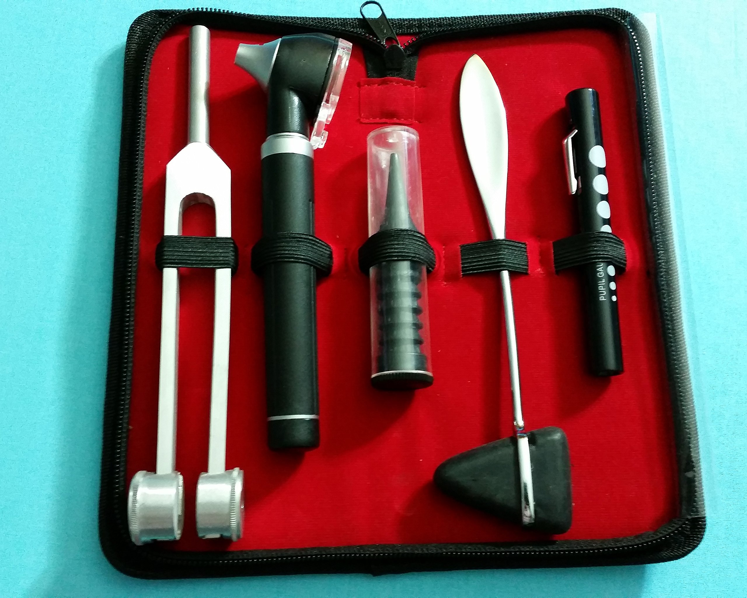 Premium Quality Black LED Fiber Optic Otoscope Reflex Hammer Tuning Fork C128 Penlight Set (HTI Brand)