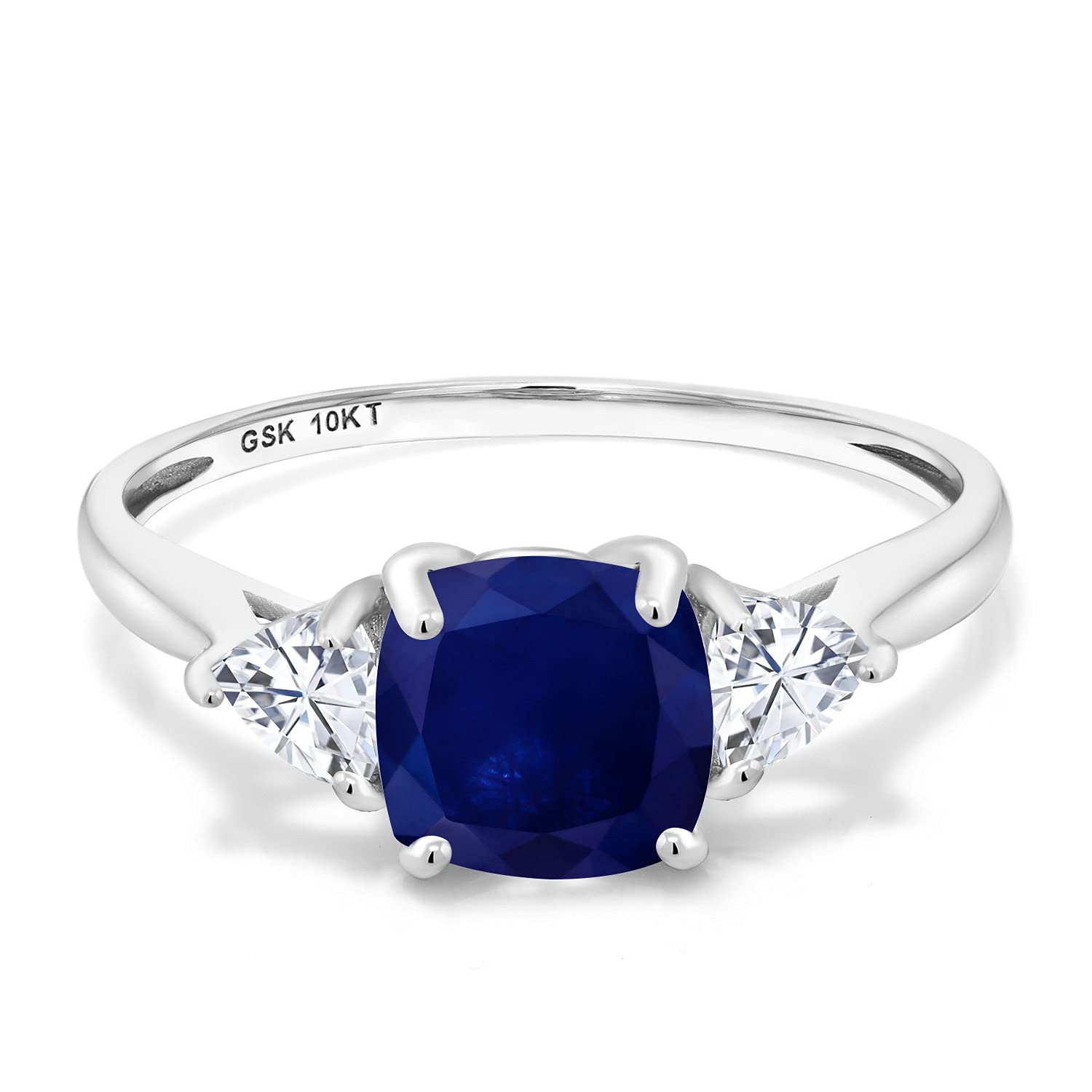 Gem Stone King 10K White Gold Blue Sapphire and White Moissanite Engagement Ring | 2.46 Cttw | 7MM Cushion and 4MM Trillion | 3 Stone Wedding Engagement Anniversary Promise Ring For Women (Size 6)
