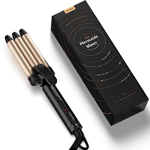 Mooqlizz Mini Hair Crimper, 1/2 Inch Beach Waves for Short Hair, Small 3 Barrel Curling Iron for Travel, Ceramic Barrel Dual Voltage Hair Waver Light Weight, Gold