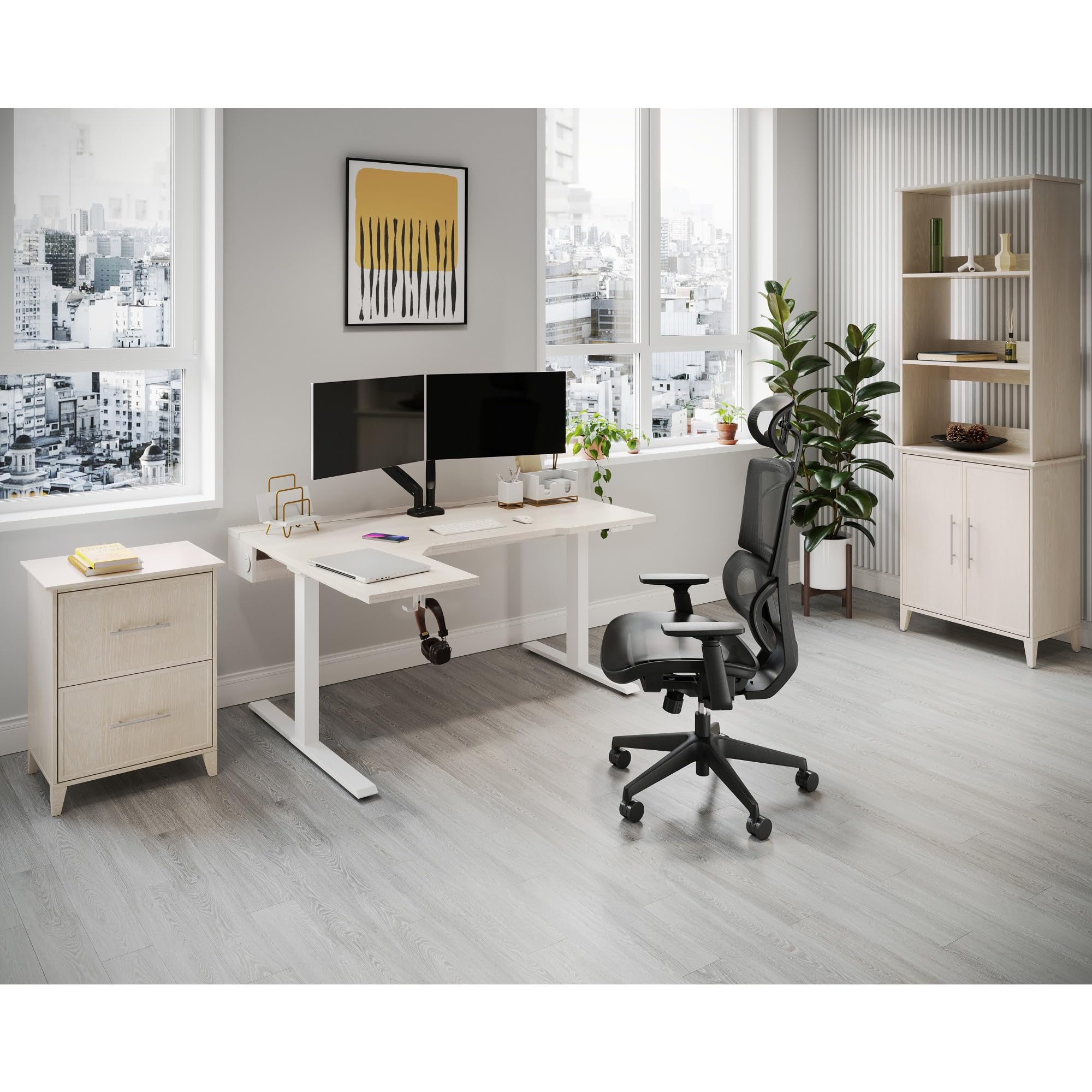 RealspaceĀ® Koru Electric 59"W L-Shaped Height-Adjustable Standing Desk with Integrated Power & Charging, Natural Oak